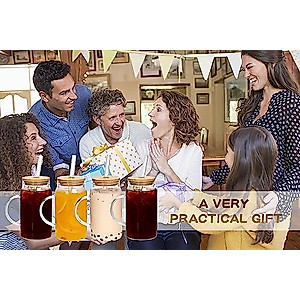 ANOTION Glass Cups 4 Packs, 16oz Coffee Cups with Lids and Glass Straws Coffee Mugs Clear Tumbler With Handle Glassware Drinking Glasses Set for Hot/Cold Coffee Latte Tea Chocolate Juice