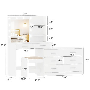 Rovaurx 65" W Makeup Vanity Set with Mirror and 3-Color Lights, Large Vanity Table with 8 Drawers & Side Storage Shelf, Adjustable Width, Bedroom Dressing Table with Stool, for Women, White RSZT109WD