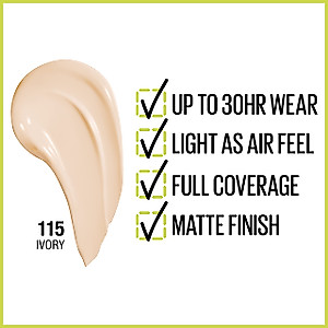 Maybelline Super Stay Full Coverage Liquid Foundation Active Wear Makeup, Up to 30Hr Wear, Transfer, Sweat & Water Resistant, Matte Finish, Ivory, 1 Count