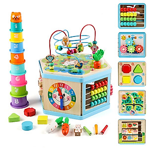 Vomocent Wooden Activity Cube for 1 Year Old Kids, Educational Learning Bead Maze for Toddler Age 1-3, Developmental Montessori Toys for 12-36 Months Boys Girls Gift