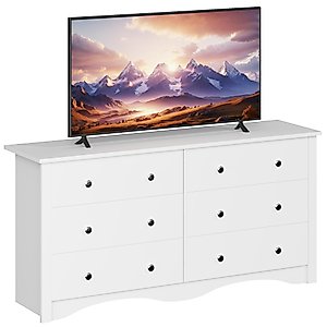 Furmax 6 Wood Drawers Dresser for Bedroom, Double Dresser for TV up to 65 inch, TV Stand Storage Chest of Drawers for Living Room Hallway Entryway (White)