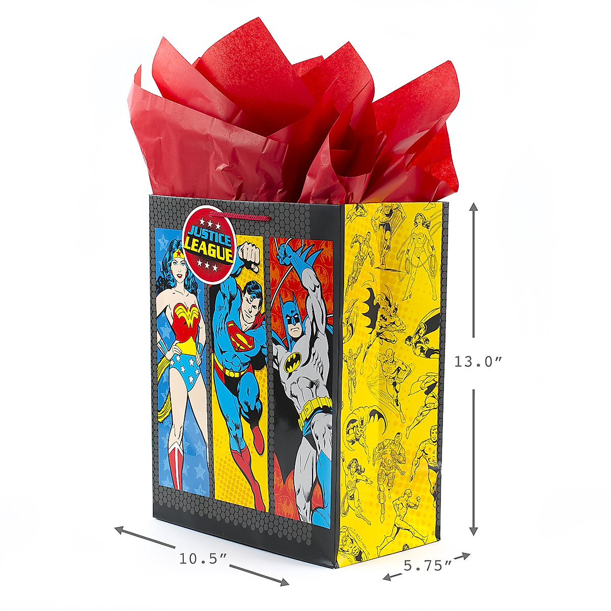 Hallmark 13" Large Justice League Gift Bag with Tissue Paper (Wonder Woman, Superman, Batman, Flash, Aquaman, Cyborg)