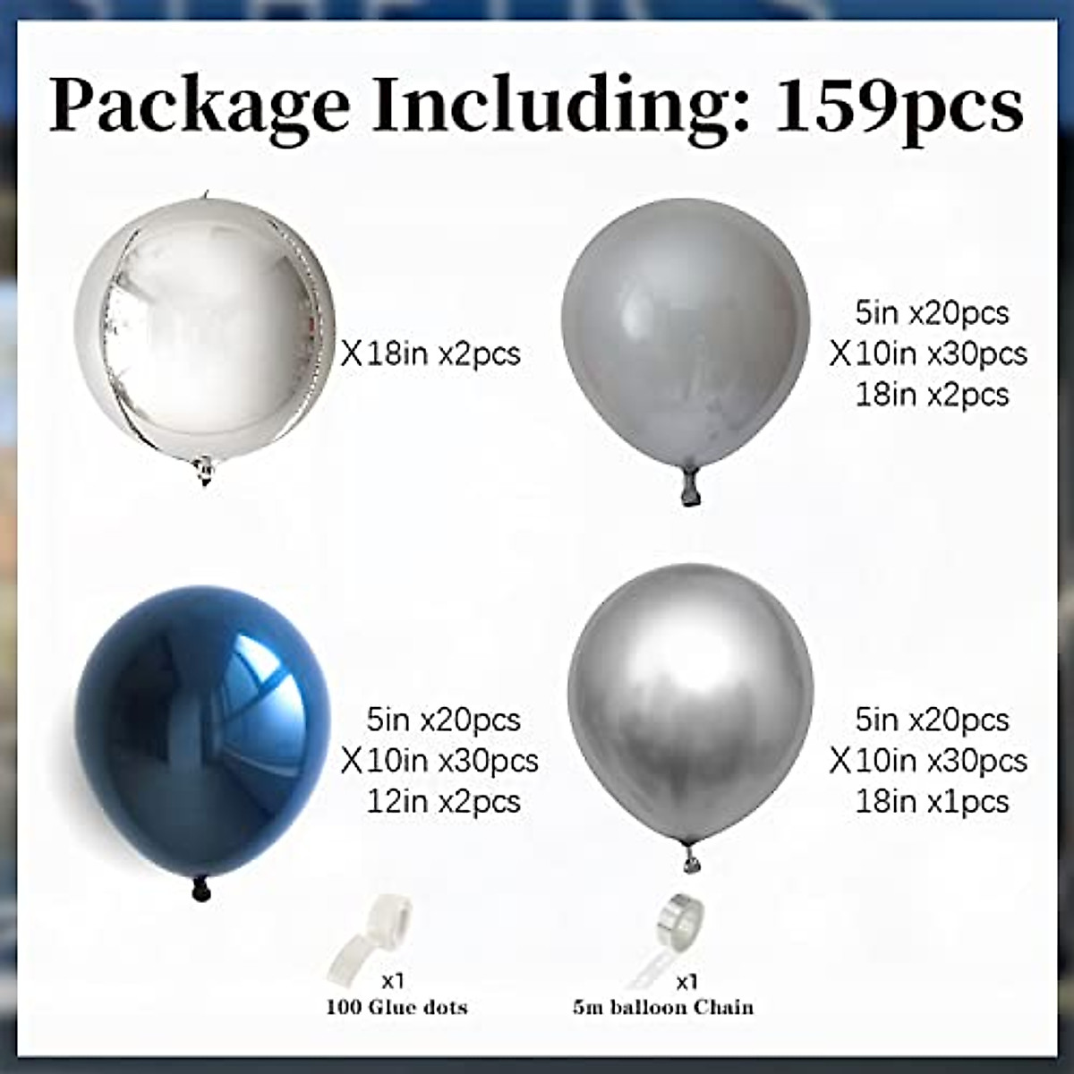 Holipardy DIY Balloon Arch & Garland kit, 159Pcs Gray Silver Metallic Party Balloon with Nightblue and 4D Silver Balloons for Wedding Birthday Baby Shower Graduations Bachelorette| Party Supplies