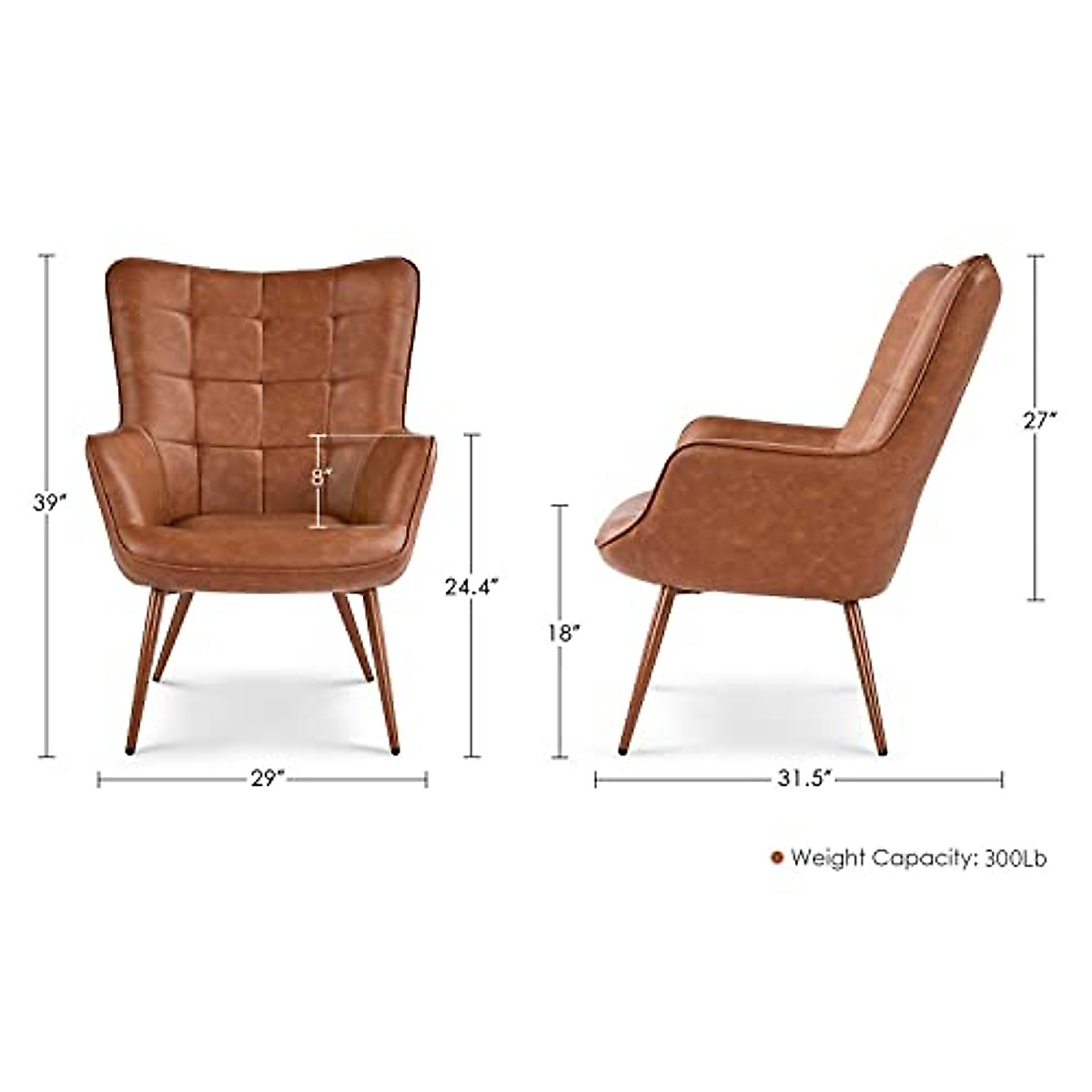 Yaheetech Faux Leather Chair Upholstered Living Room Chairs Accent Armchair with Tapered Legs Tufted Sofa Chairs for Home Office/Dining Room/Bedroom Brown, Set of 2