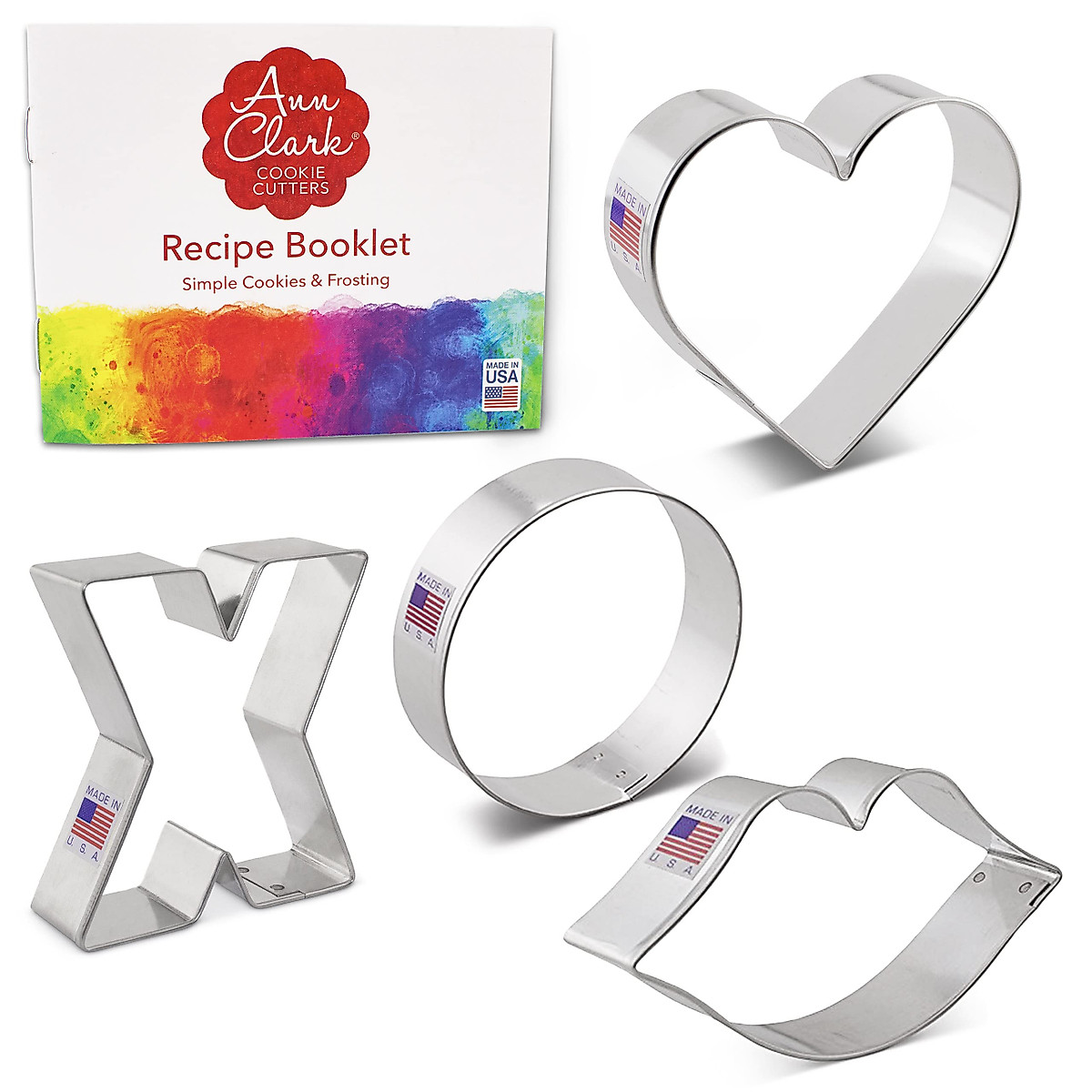 Valentines Cookie Cutters 4-Pc. Set Made in the USA by Ann Clark, Lips, Heart, X, and O