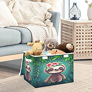 Blueangle Cute Baby Sloth Storage Bins with Lids, 16.5 x 12.6 x 11.8 in, Large Collapsible Organizer Storage Basket for Home Office Décor（869）