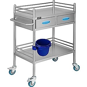 VEVOR Lab Serving Cart Utility Cart Stainless Steel Medical Cart with Two Drawers for lab Equipment Use Grade I Stainless Steel Utility Services (2 Shelves/ 2 Drawer)
