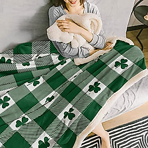 Sherpa Throw Blanket St. Patrick's Day Irish Green Shamrock Clover Super Soft Cozy Warm Luxury Microfiber Blankets Flannel Fleece Plush Quilt Bedspread for Bed Couch Sofa Buffalo Lattice