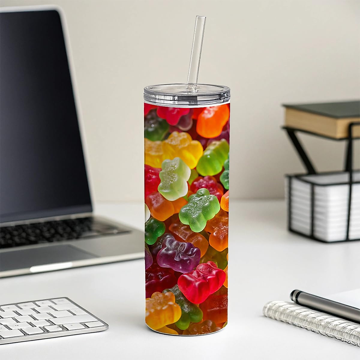 Lots of Gummi Bears Skinny Tumbler 20oz with Straw Insulated Water Bottle Gift