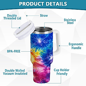 Msyxl 30 oz Insulated Stainless Steel Tumbler with Handle and Straw Lid - Leak-proof Coffee Mug for Men Women, Travel Mug Fits Cup Holder (Bright Tie-dye Pattern)