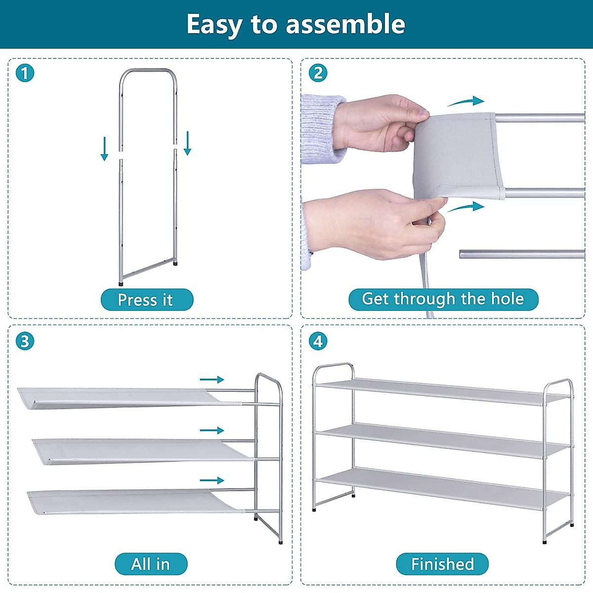 AOODA 3 Tier Long Shoe Rack for Closet Floor Wide Stackable Sneaker Shelf 24-Pairs Fabric Shoe Storage Organizer for Bedroom (Gray)