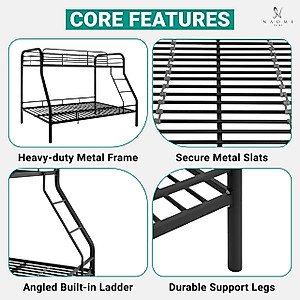 Hollywood Bunk Beds Twin Over Full Size, Heavy Duty Metal Bunk Bed with Safety Guardrails, Angled Ladder, Underbed Storage, 800LBs capacity - for Kids and Teens, Twin over Full Bunk Bed, Black