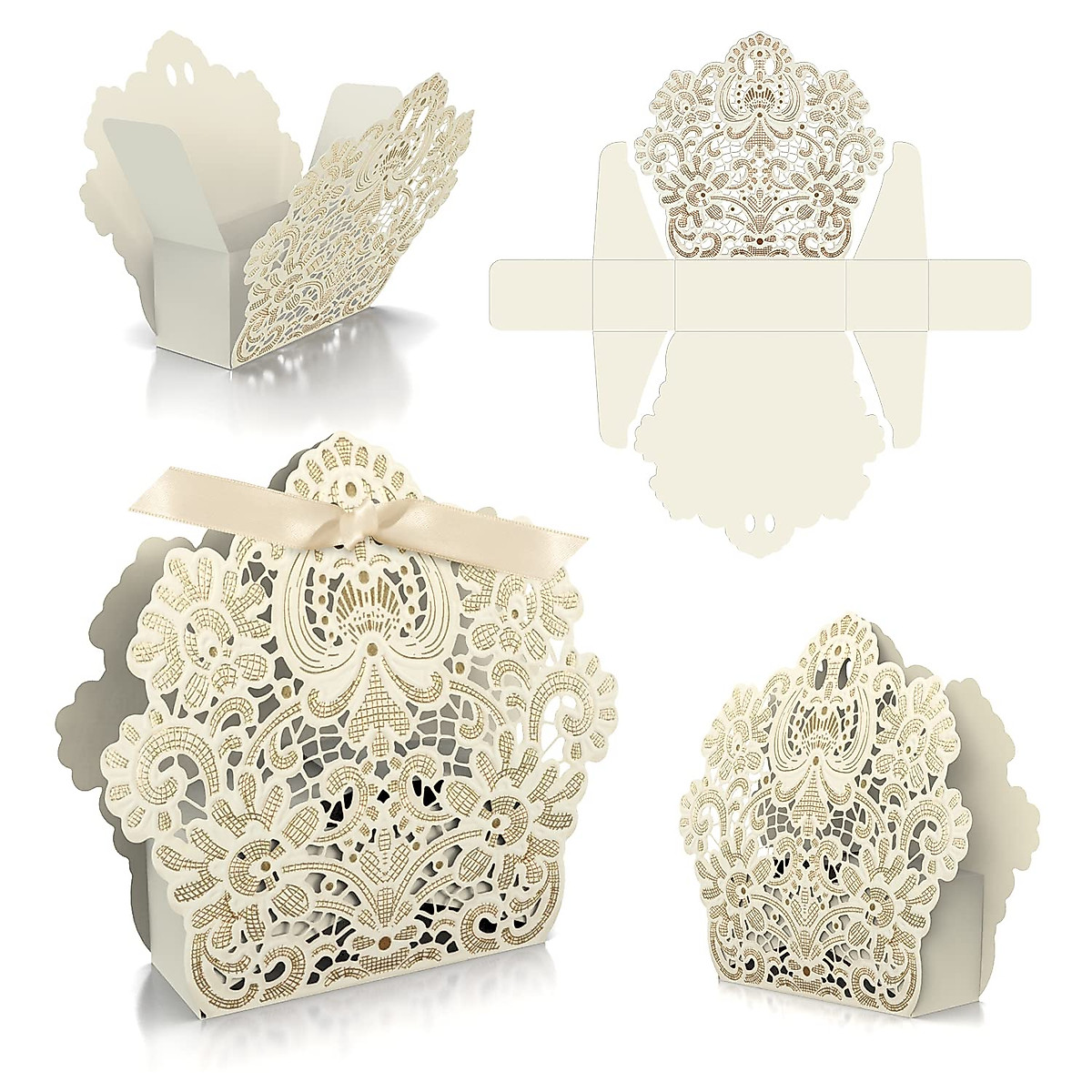 Maykah 50 Packs Candy Boxes for Wedding Favor, Flower Gift Box Candy Box with Ribbons for Bridal Shower Wedding Party Anniversary Favors, Off White