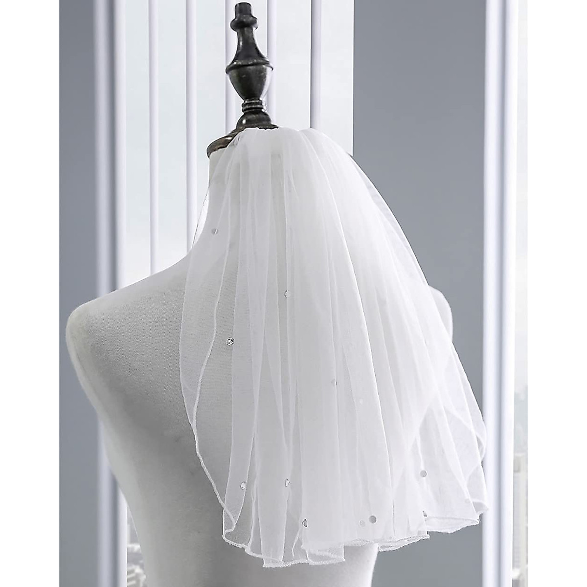 Haraty Crystal Bridal Veils Short 1 Tier Veil Soft Mesh With Comb Wedding Party Bride Veil Hair Accessories for Women Girls (Ivory)