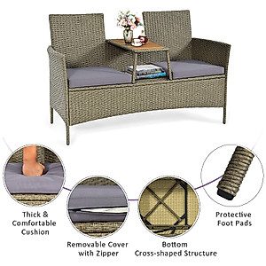 Tangkula Outdoor Rattan Loveseat, Patio 2-Person Wicker Conversation Set w/Cushion, Modern Wicker Sofa Set with Built-in Acacia Wood Tabletop & Storage Space for Backyard Poolside Lawn (Grey)