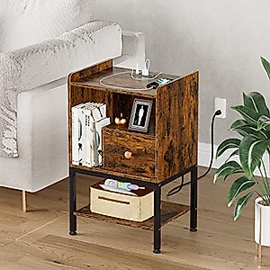Gannyfer Nightstand with Charging Station, Night Stand with USB Ports and Storage Drawer, Modern 3-Tier End Side Table, Small Wood Bedside Table for Bedroom,Living Room,Rustic Brown