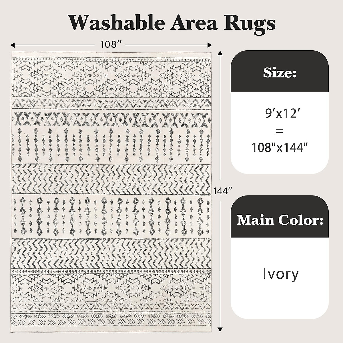 Art&Tuft 9x12 Area Rug, Super Soft Ultra-Thin Moroccan Washable Rug, Anti-Slip Backing Area Rugs 9x12 Living Room, Foldable Geometric Machine Washable Area Rug(9'x12', Ivory)