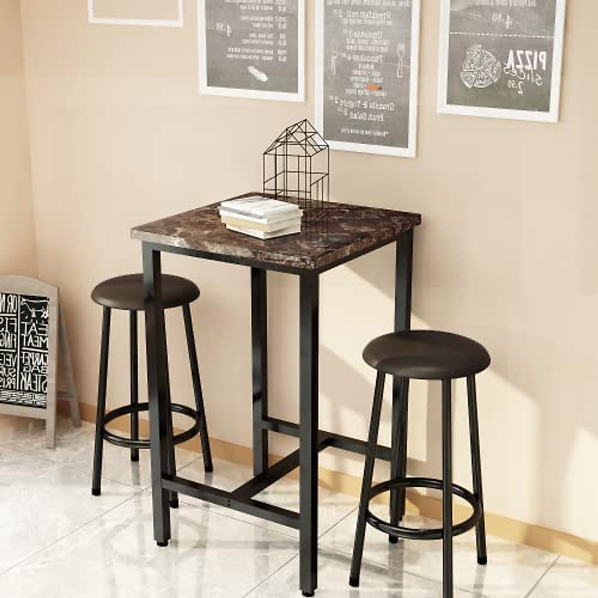 AWQM 3-Piece Dining Table and Chairs for Apartment, Bar Set with 1 Square Table and 2 Round Stools, Kitchen Table Set for 2, Breakfast Table with Footrest for Restaurant, Dinette, Studio (Dark Brown)