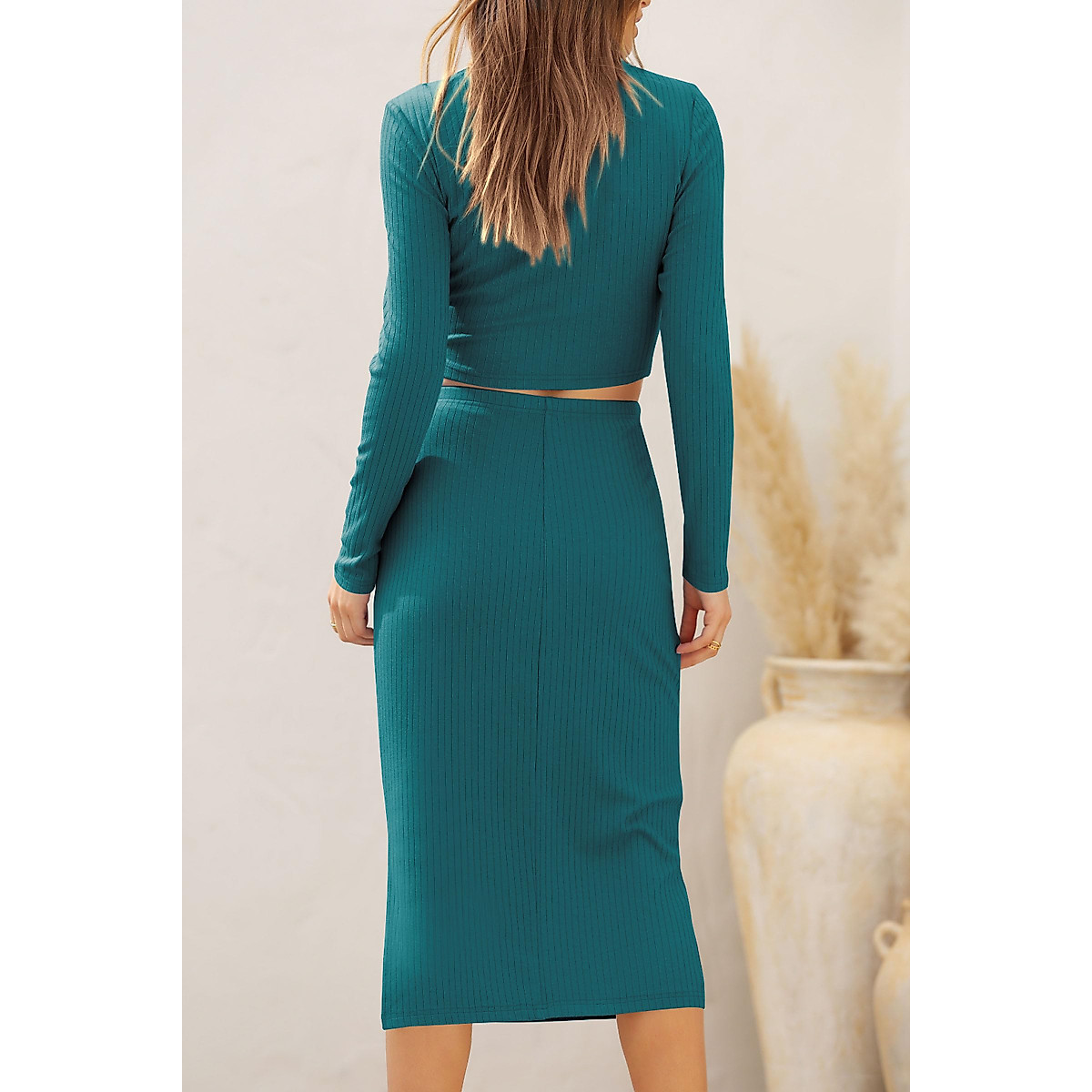 PRETTYGARDEN Womens 2024 Fall 2 Piece Outfits Track Suits Long Sleeve Crop Tops Bodycon Midi Skirt Slit Dress Matching Sets (Dark Green,Medium)