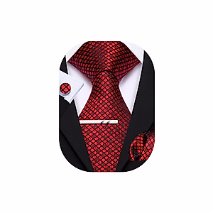 YOHOWA Men Tie Clip Set Plaid Burgundy Silk Necktie Pocket Square Cufflinks Formal Business Wedding Party