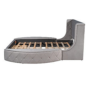BOVZA Queen Size Platform Bed Frame, Velvet Upholstered Bed with Wingback Headboard and and 1 Big Drawer, 2 Side Storage Stool, No Box Spring Needed, Gray