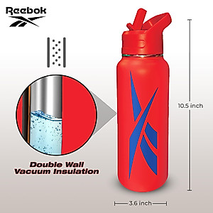 Reebok Stainless Steel Water Bottle With Straw Cap & Athletic Design - Insulated Water Bottles 32 oz - Double Wall Vacuum Insulated Sports Water Bottle With Straw, BPA Free (Red with Blue Vector)