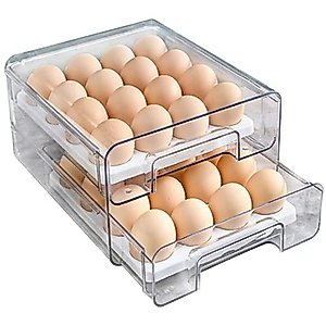 Sweetdecor 32 Grid Egg Holder with Removable Tray Drawer Type Egg Storage Box Transparent Egg Storage Container for Fridge, White