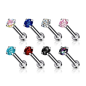 Amelia Fashion 16GA (1.2mm) L. 5/16" (8mm) Labret With CZ Prong Set Top Flat Back Stud Internally Threaded Micro Base 316L Surgical Steel For Nose, Lip, Chin, and More (Vitrail Medium)