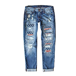 EVALESS Ripped Jeans for Women Plus Size Boyfriend Distressed Patchwork Print Democracy Mom Jeans 2025 Fashion Wide Leg Losse Baggy American Eagle Denim Pants with Hole Blue XX-Large