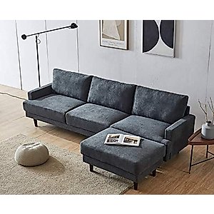 JULYFOX Dark Gray Fabric Sofa with Convertible Ottoman, L-Shaped 3-seat Corner Couch with Reversible Chaise Lounger Polyester Fabric for Living Room Office Club Small Spaces
