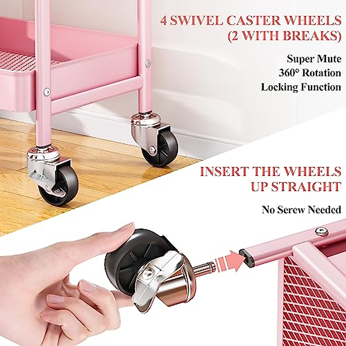 3 Tier Rolling Cart Organizer - Utility Cart on Wheels, Metal Pink Rolling Storage Cart with DIY Dual Pegboards, Removable Baskets Hooks, Teacher Rolling Art Cart for Office, Home, Kitchen, Classroom