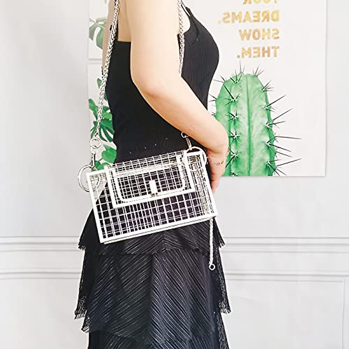 JUBOO PARADISE Women Cage Metal Evening Clutch Purse, Silver Crossbody Shoulder Bag for Women with Strong Chain Strap (Silver)