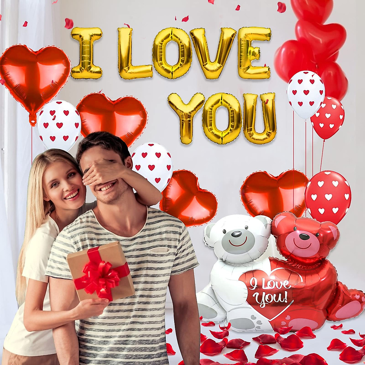 I Love You Balloons and Heart Balloon Set, Romantic Decorations for Special Night Valentines Day Balloons and Teddy-Bear Red Heart Balloons With 1000 PCS Silk Rose Petals 53PCS Valentine's Day Party decorations for Anniversary