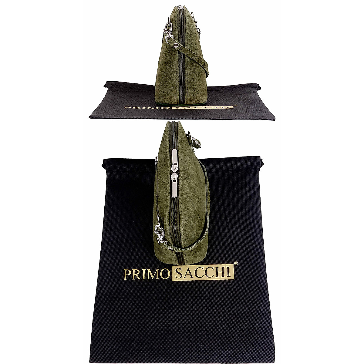 PRIMO SACCHI Ladies Italian Suede Leather Small Micro Olive Green Crossbody Shoulder Bag Handbag Purse