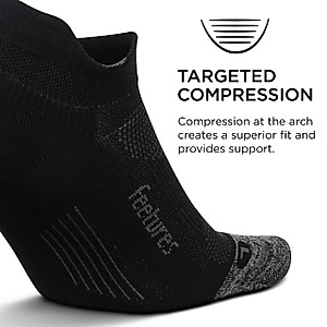 Feetures Elite Light Cushion No Show Tab Ankle Socks - Sport Sock with Targeted Compression - Black, M (1 Pair)