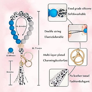 BAOSIWA Silicone Beaded Key Chain Bracelet Wristlet Keyring Turquoise Cow Bangle Keychains for Women with Leather Tassel