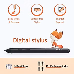 UGEE S640 Graphics Drawing Tablet, Digital Draw Art Pad with Pen Battery-Free Stylus Tilt Function 8192 Levels Pressure Sensitivity 10 Express Keys for Mac, Windows PC and Android