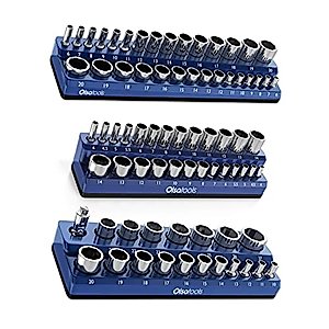 Olsa Tools Magnetic Socket Organizer | 3 Piece Socket Holder Kit | 1/2-inch, 3/8-inch, 1/4-inch Drive | Metric Blue | Holds 75 Sockets | Professional-Grade