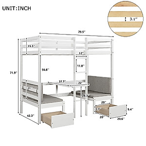 MERITLINE Wood Bunk Bed with 2 Drawers, Twin Loft Bed with Seat and Desk, Can be Turn into Upper Bed and Down Desk, Cushion Sets are Free for Kids, Teens, Girls, Boys, White