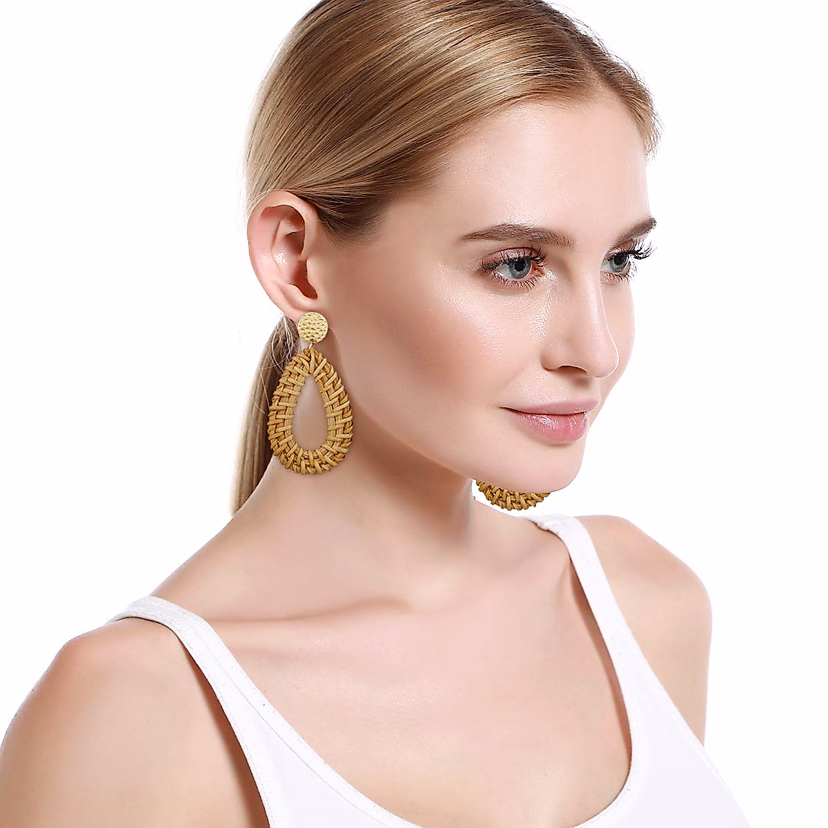 AIDSOTOU Rattan Earrings for Women Lightweight Geometric Statement Earrings Handmade Straw Wicker Braid Teardrop Hoop Drop Dangle Earrings 4 Pairs (Style-4)