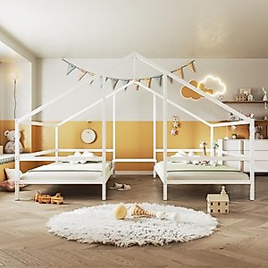 Merax Metal Double Twin Size Triangular House Beds with Built-in Table, White