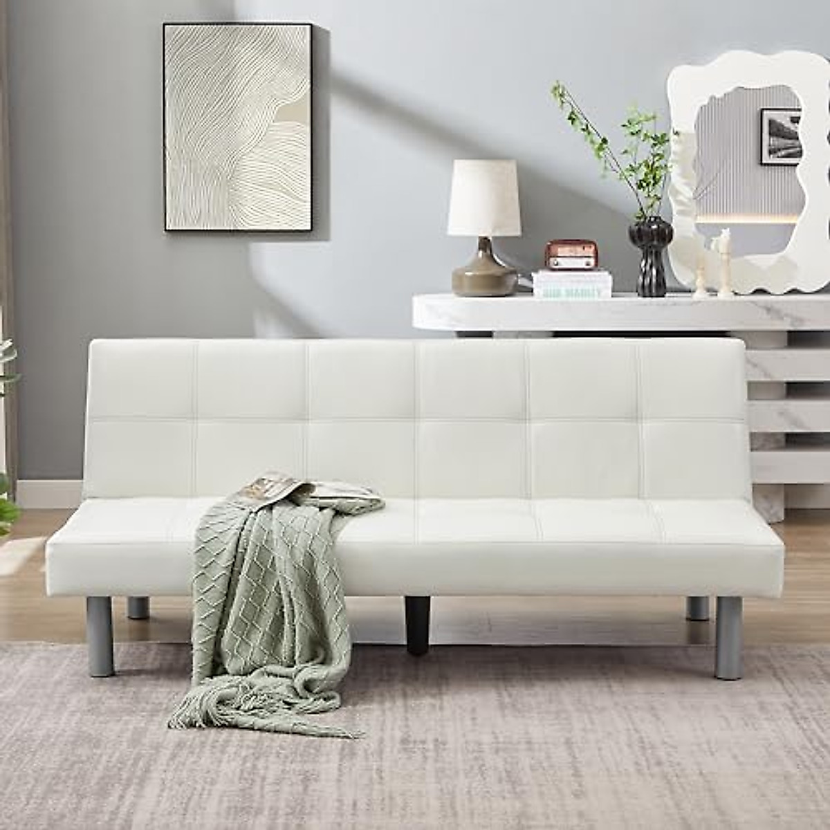 Eafurn Faux Leather Convertible Futon Sofa Adjustable Sleeper Couch Modern Home Recliner Reversible Loveseat Folding Daybed Guest Bed Small Sofabed with Metal Legs for Dorm, Apartment, Beige 66.92"
