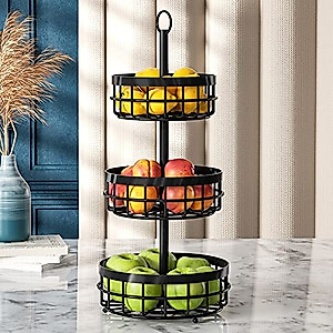 Baoz 3 Tier Fruit Basket For Kitchen Countertop Metal Wire Fruit Bowl Holder Triple Layer Detachable Fruit storage Tray Rack Stand for Storing Veggies Bread Snacks, Black