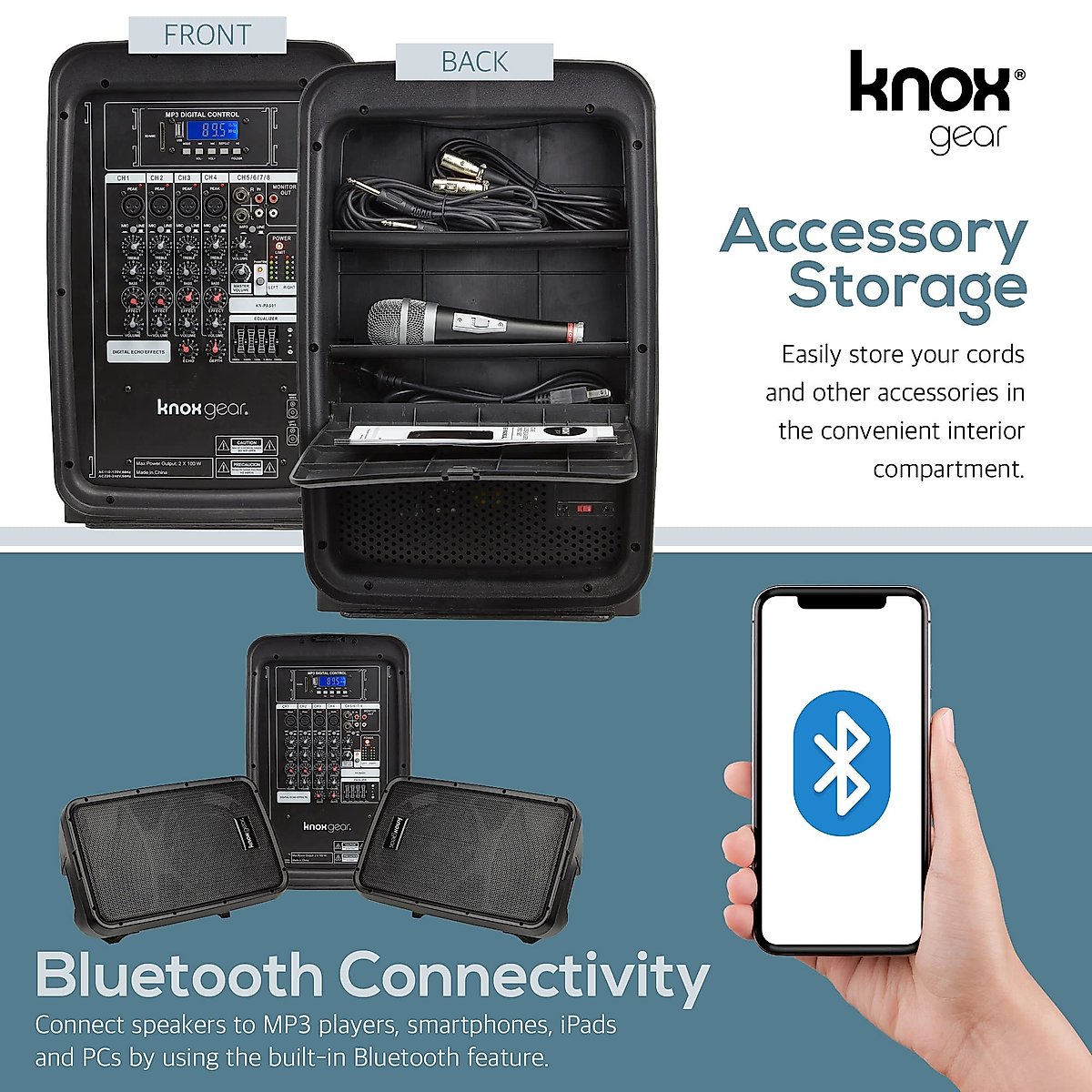 Knox Gear Dual Speaker and Mixer Set–Portable 8” 300 Watt DJ PA System with Wired Microphone & Tripod Stands, Amplifier, Bluetooth, USB, SD, 1/4” Line RCA, XLR Inputs, Ideal for a party or event