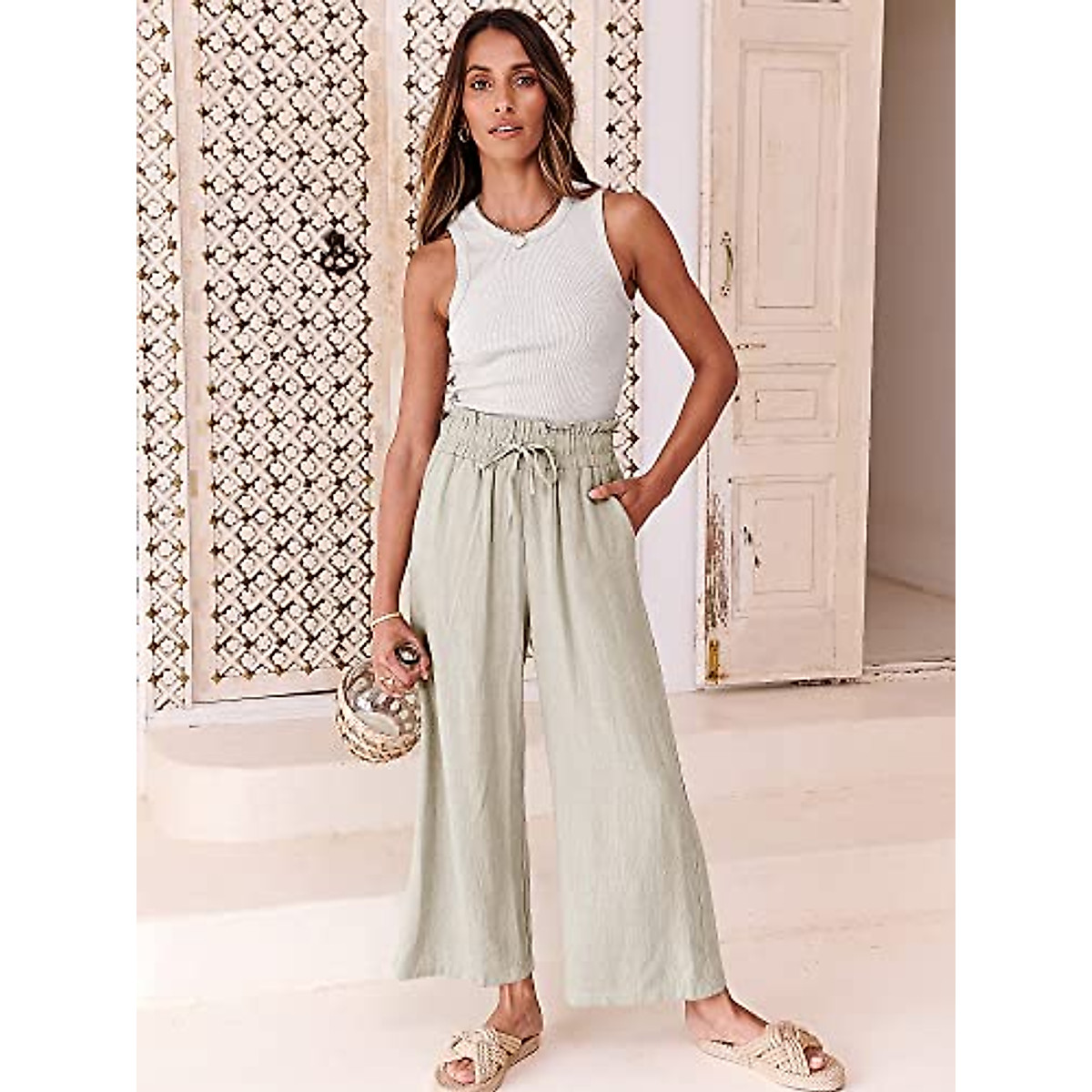 ANRABESS Women's Linen Pants Casual Loose High Waist Drawstring Wide Leg Capri Palazzo Lounge Pants Cropped Trousers Summer Boho Outfits 939maxing-S Beige