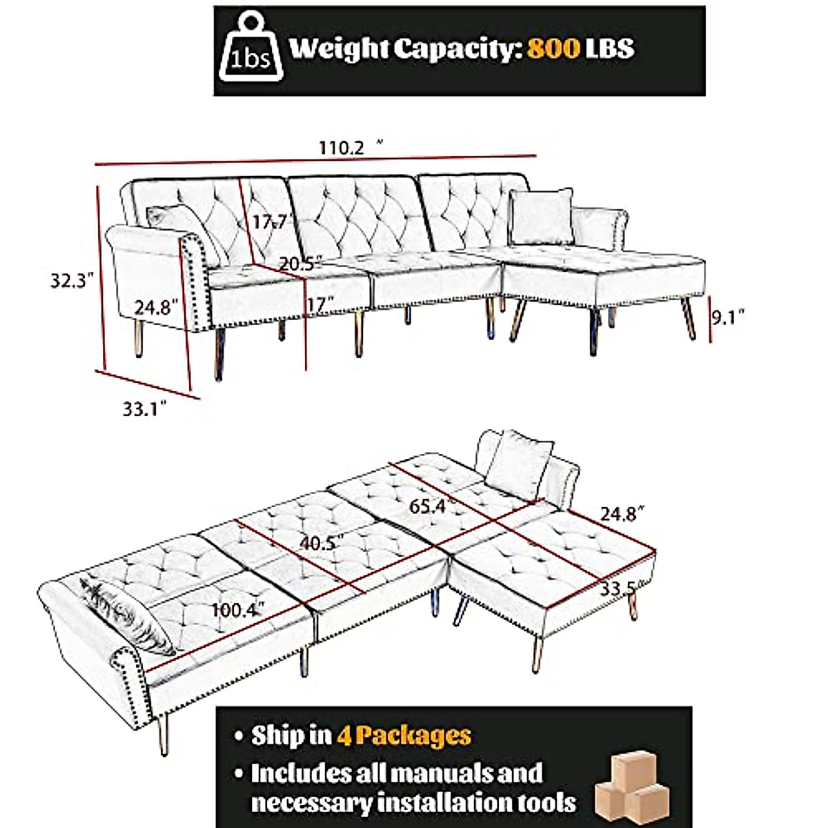 Lin-Utrend U Shape Sectional Sofa, 110” Modern Chenille Fabric Modular Couch,Extra Wide Sofa with Reversible Chaise Lounge and Golden Legs, 4 Seat Sectional Couch for Living Room (L-Shaped Blue)