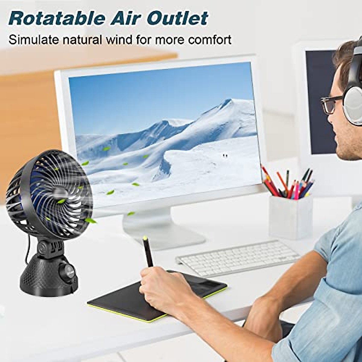 JZCreater USB Desk Fan, USB Mini Fan with Stepless Speed, 90°Auto Oscillating Fan, Quiet Rotation Strong Wind, Small Personal Fan for Bedroom Home Office Table Outdoor Stroller, 4.8inch(Black Blue