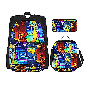 Geometry Dash Backpack Teen Bookbag Travel Daypack Boys Girls Lunch Bag Pencil Case Three-Piece Suit