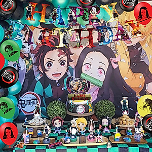 Anime Birthday Party Decorations, 99pcs Demon Inspired Slayer Party Supplies Include Stickers, Banner, Cupcake Toppers, Tablecloth, Balloons for Kids Anime Theme Party Favor