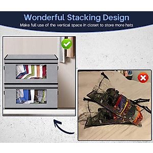 SLEEPING LAMB Stackable Hat Organzier for Baseball Caps, 2 PCS Hat Storage Boxes for Closet Hold 30 Caps with Cardboard, Grey
